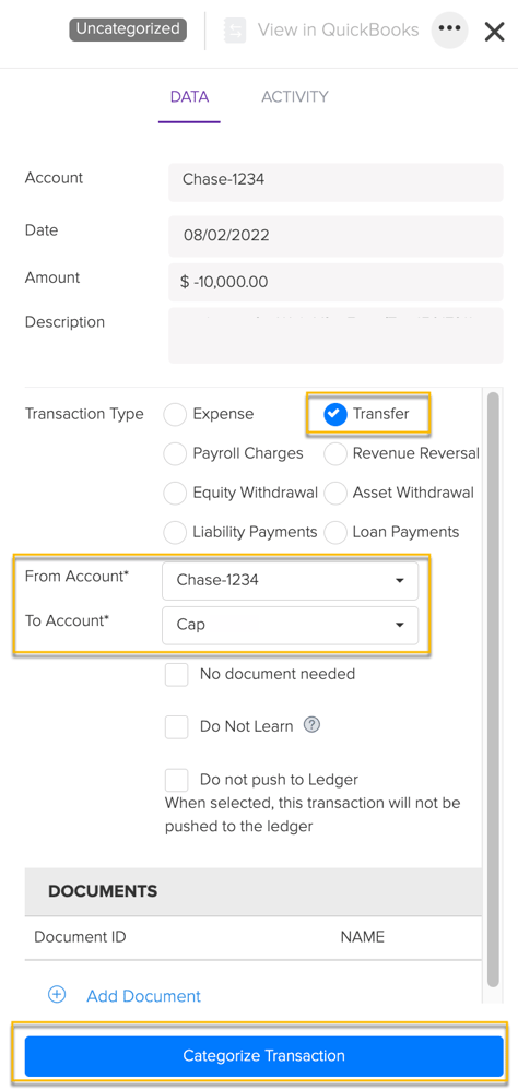 Verifying Uncategorized Transactions: Bank Transfers
