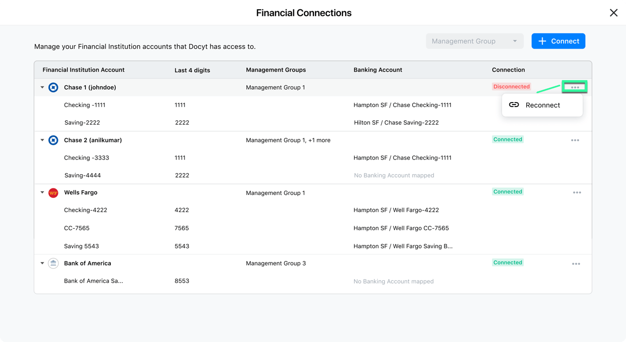 What are the steps to connect/reconnect a Financial Connection?