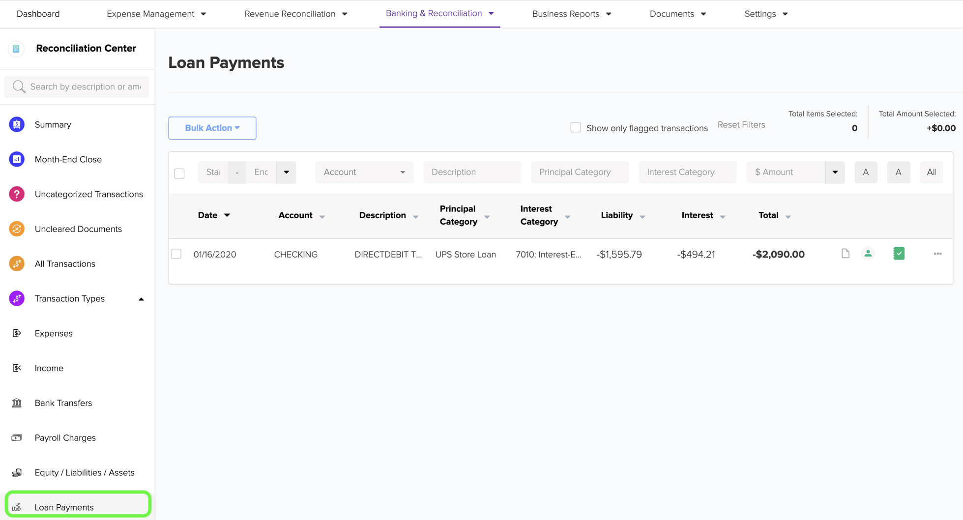 Reconciliation Center: Transaction Types after Categorization