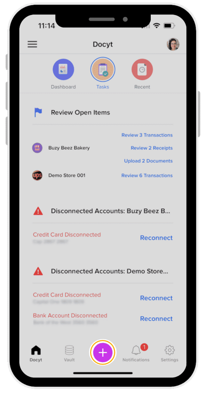 How do I upload documents to Docyt using the iOS app?