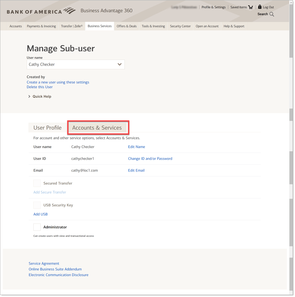 Set up user access in Bank Of America for view-only access: