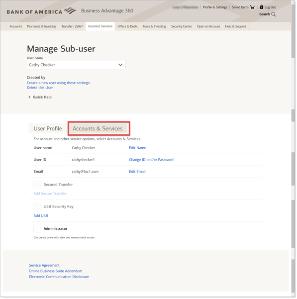 Set up user access in Bank Of America for view-only access: