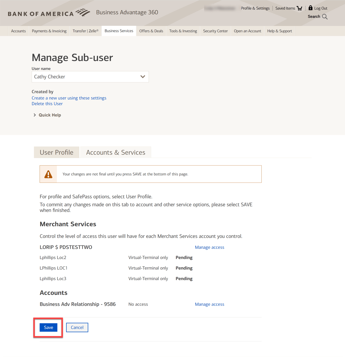Set up user access in Bank Of America for view-only access: