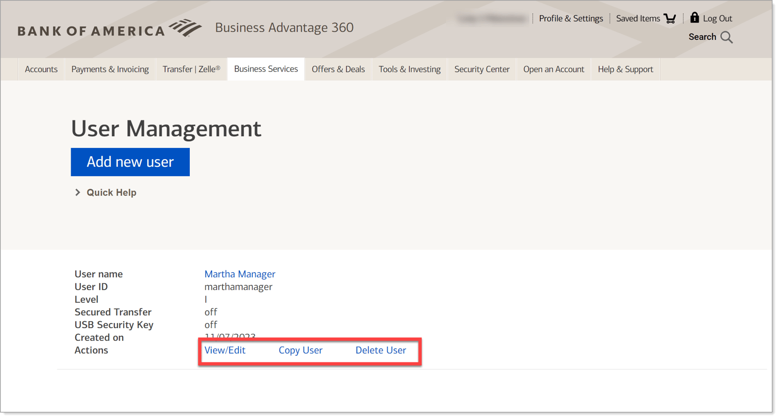 Set up user access in Bank Of America for view-only access: