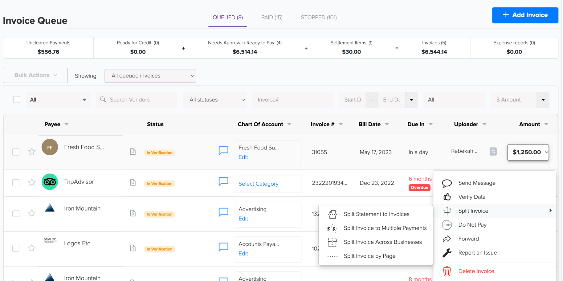 How can I split an invoice among multiple businesses in Docyt?