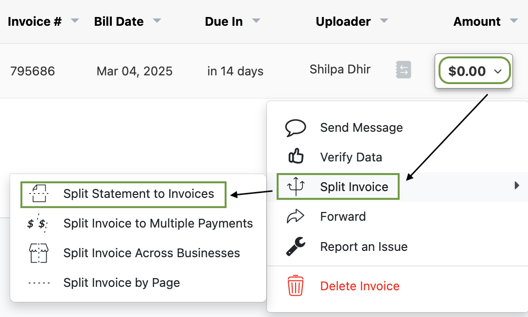 How can I split a statement into individual invoices?
